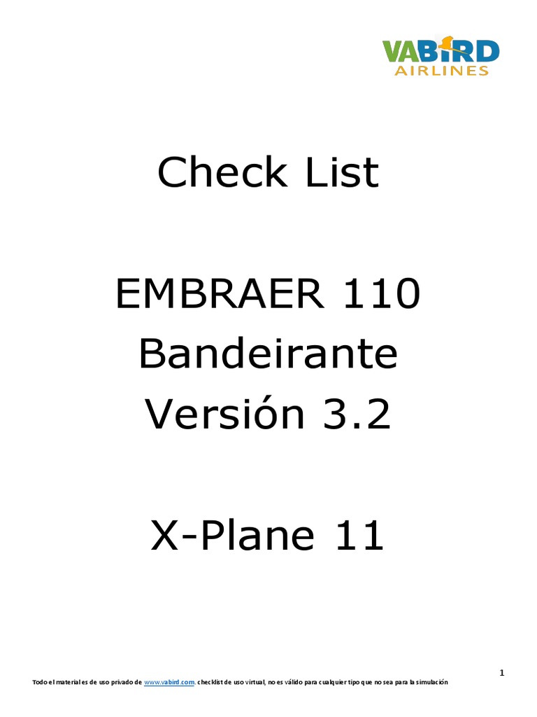Embraer 110 V3 Checklist 1.2 | PDF | Quitarse | Avión