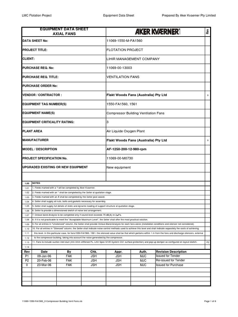 Axial Fans Data Sheet for Ventilating the Compressor Building at the ...