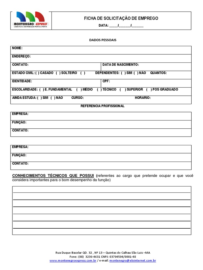 Formulario De Emprego Generico Para Impressao Gratuito 12 Modelos