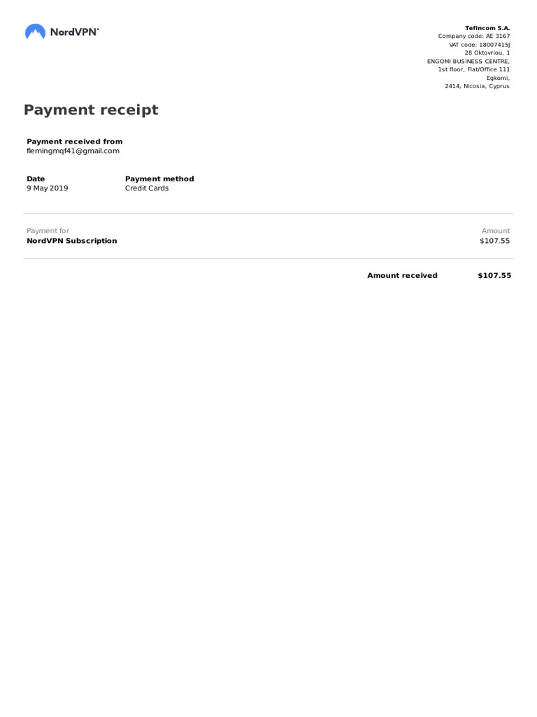 Tefincom S.A. Payment Receipt for NordVPN Subscription | PDF