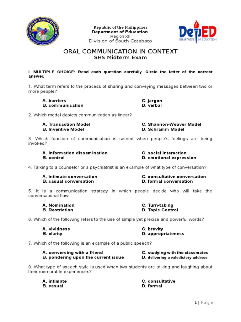 Oral Communication in Context: SHS Midterm Exam | PDF | Nonverbal ...