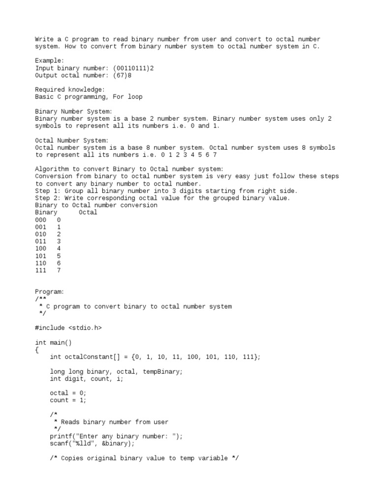 C Program To Convert Binary To Octal Number System | PDF