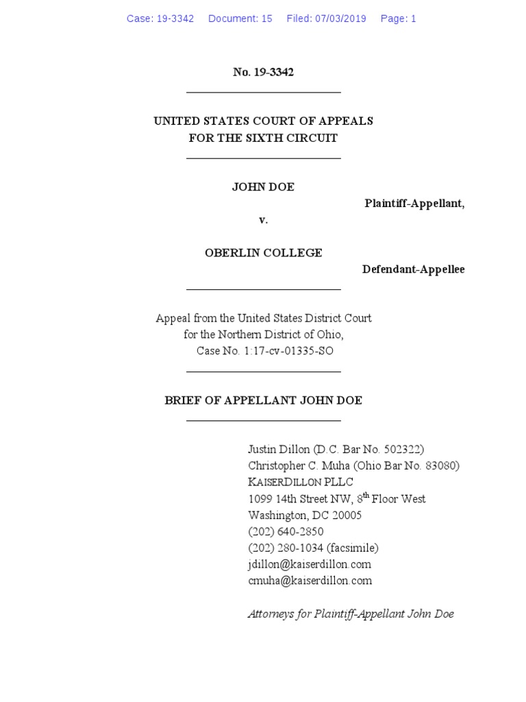 John Doe v. Oberlin College - 6th Cir - John Doe Brief | PDF | Pleading | Federal Rules Of Civil ...