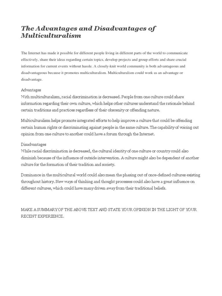 The Advantages and Disadvantages of Multiculturalism | PDF