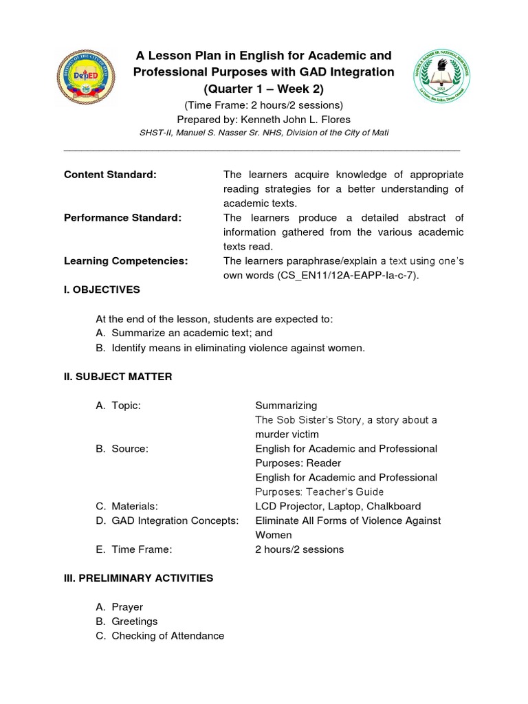 GAD-INTEGRATED-LESSON-PLAN_3.docx | Violence | Lesson Plan