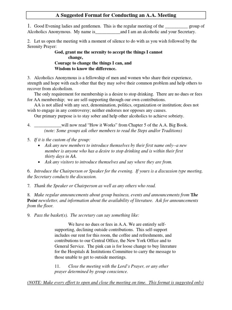 A Suggested Format For Conducting An A.A. Meeting | PDF | Alcoholics ...