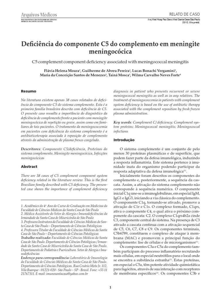 Artigo: Deficiência Do Componente C5 Do Complemento em Meningite Meningocócica | PDF | Sistema ...