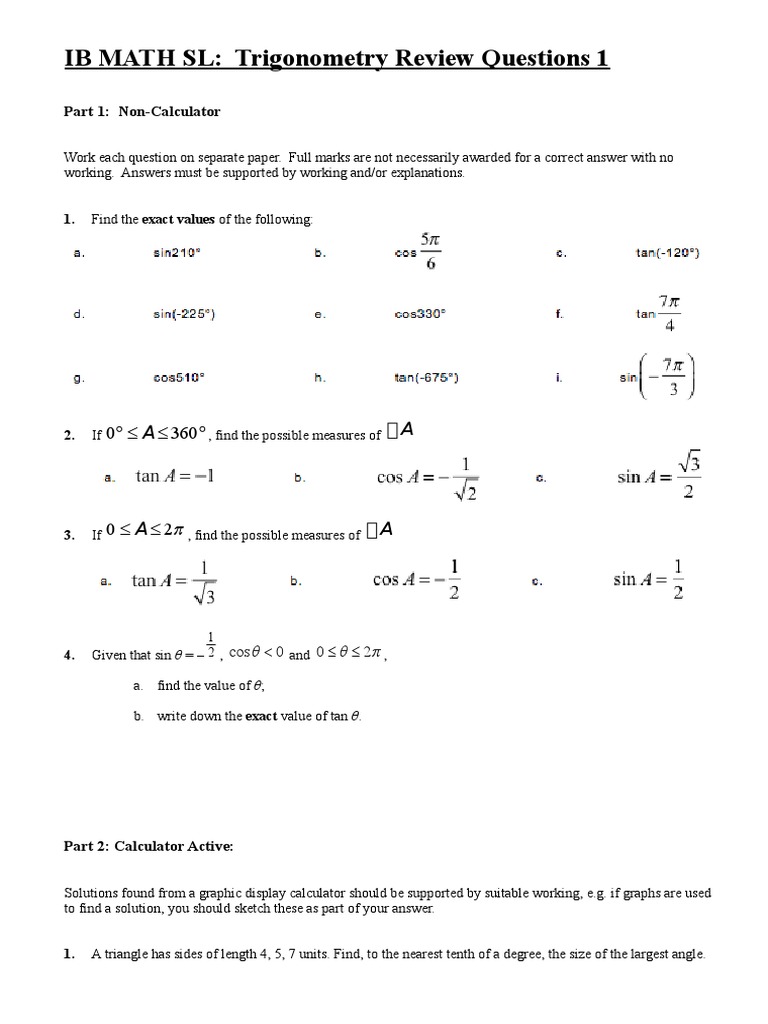 Trigonometry Review Questions for IB Math SL | PDF | Trigonometric ...