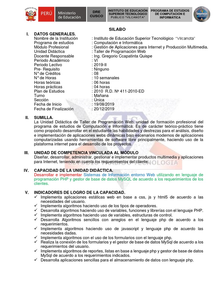 Silabos Taller de Programacion Web - 2019 | PDF | Php | Lenguaje de ... Silabos Taller de Programacion Web - 2019 | PDF | Php | Lenguaje de ...