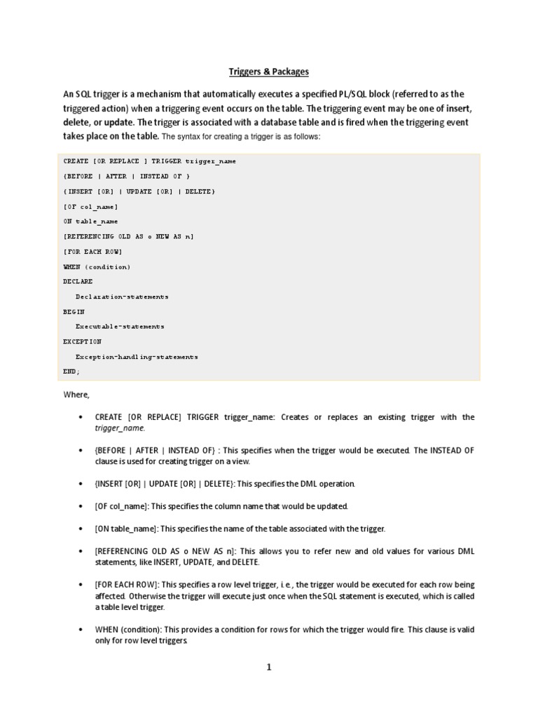 Triggers & Packages: The Syntax For Creating A Trigger Is As Follows ...