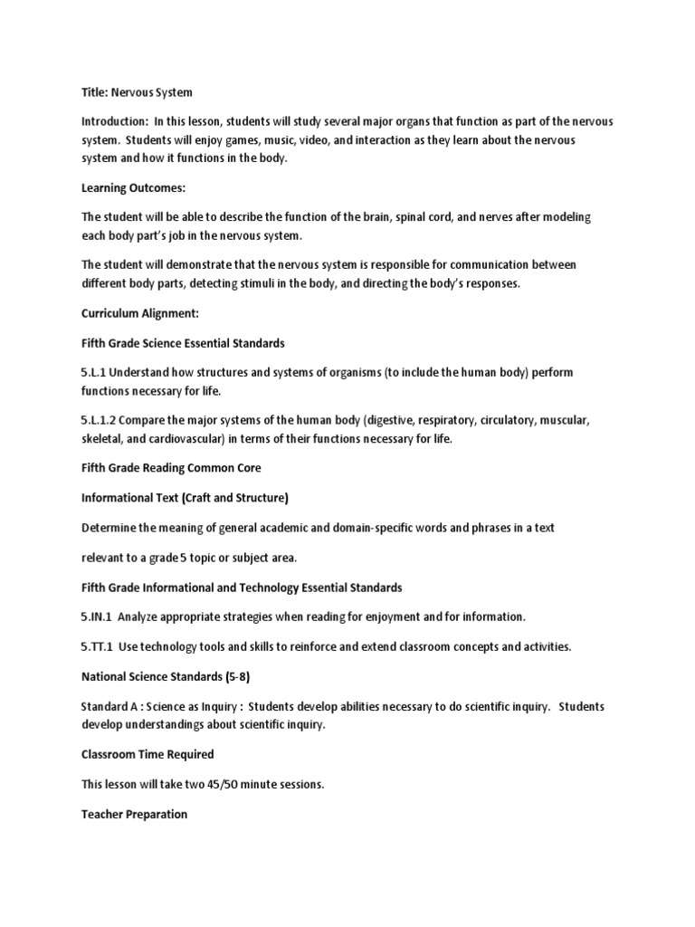 Grade 5 Nervous System Lesson Plan | PDF | Nervous System | Brain