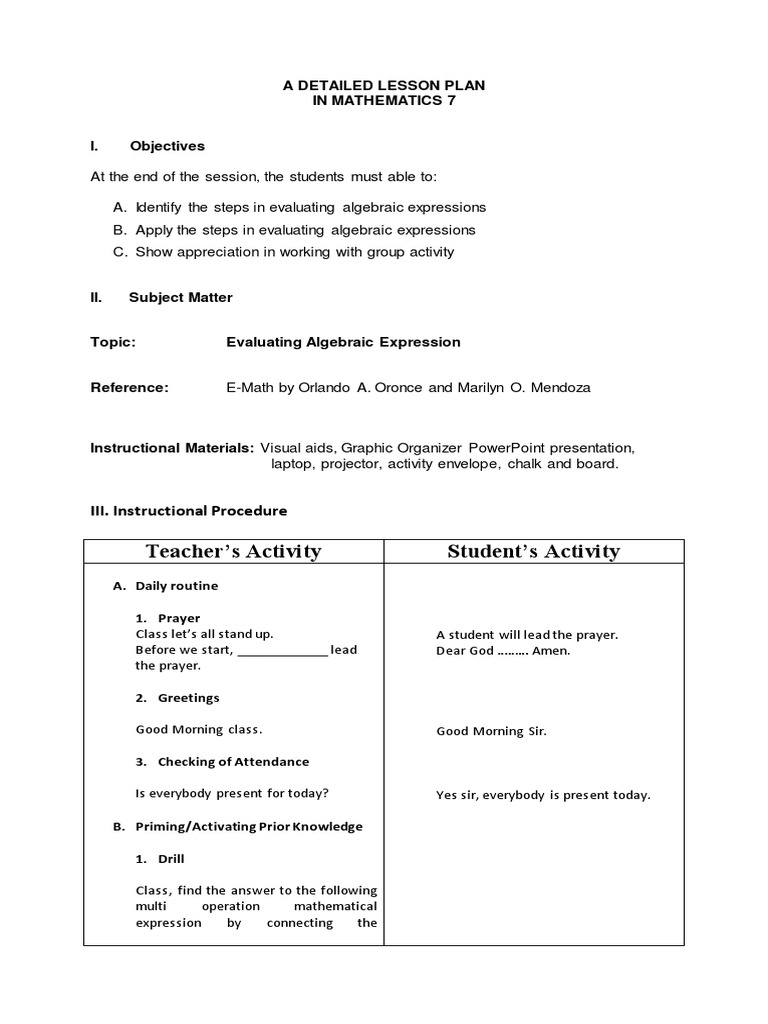 Evaluating Algebraic Expressions Lesson Plan | PDF | Equations | Learning