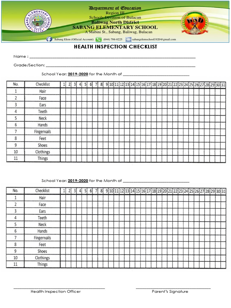 Health Inspection Checklist: Sabang Elementary School | PDF | Schools