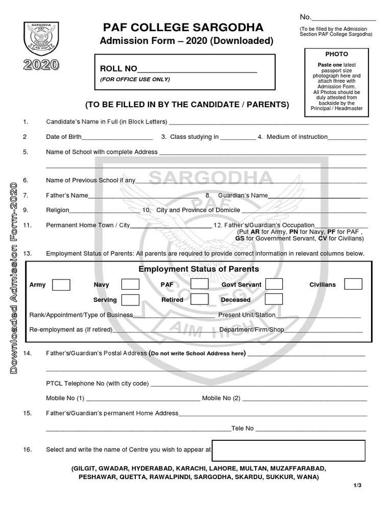 PAF College Sargodha Admission Form 2020 | PDF | Registered Mail | Mail