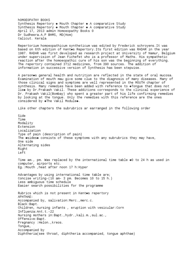 Synthesis Repertory - Mouth Chapter - A Comparative Study | PDF ...