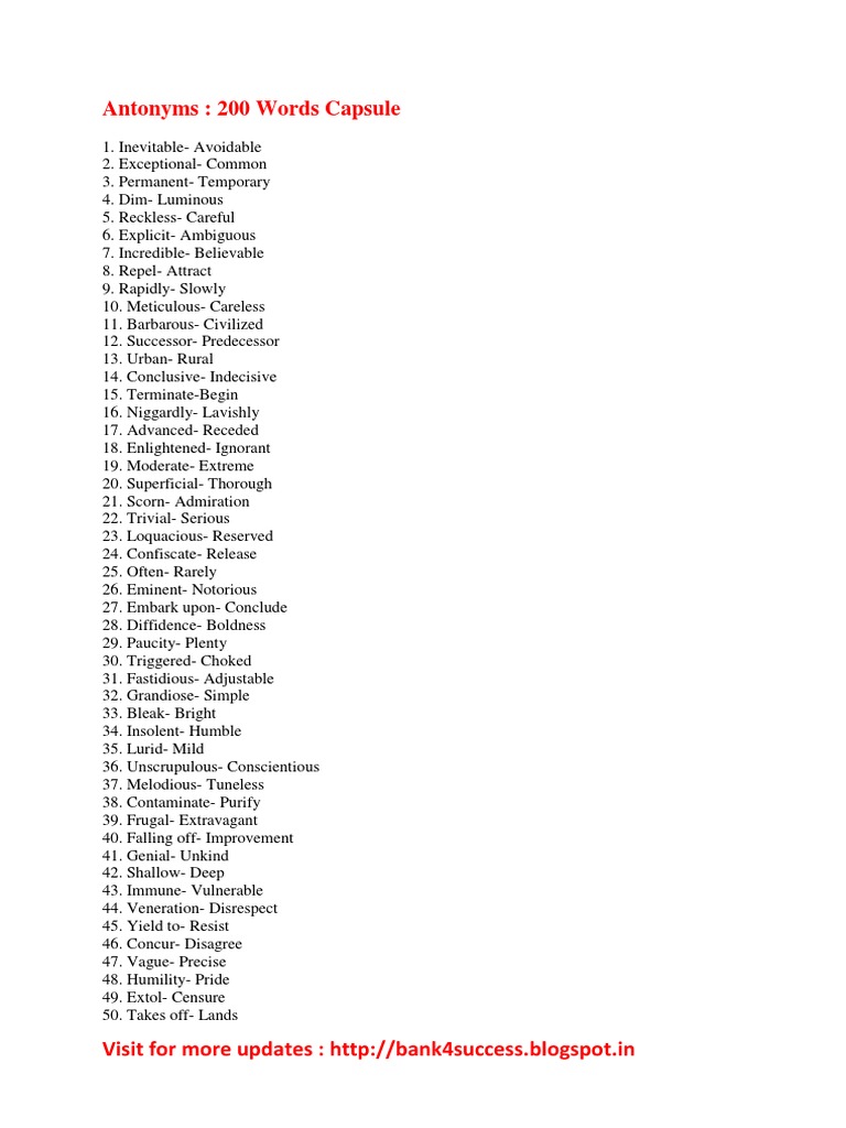 Antonyms: 200 Words Capsule | PDF