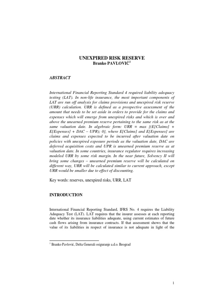 Unexpired Reserve | PDF | Insurance | Actuary
