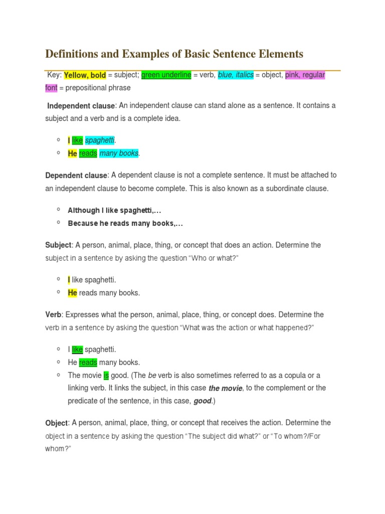 Definitions and Examples of Basic Sentence Elements | PDF | Sentence ...