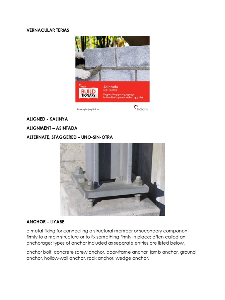 Vernacular Filipino Terms | PDF | Masonry | Mortar (Masonry)