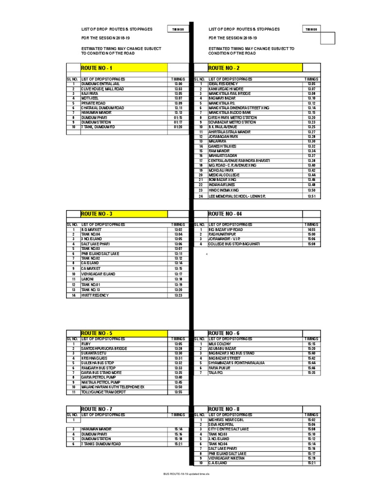 List of Drop Routes & Stoppages with Timings | PDF | Public Transport ...