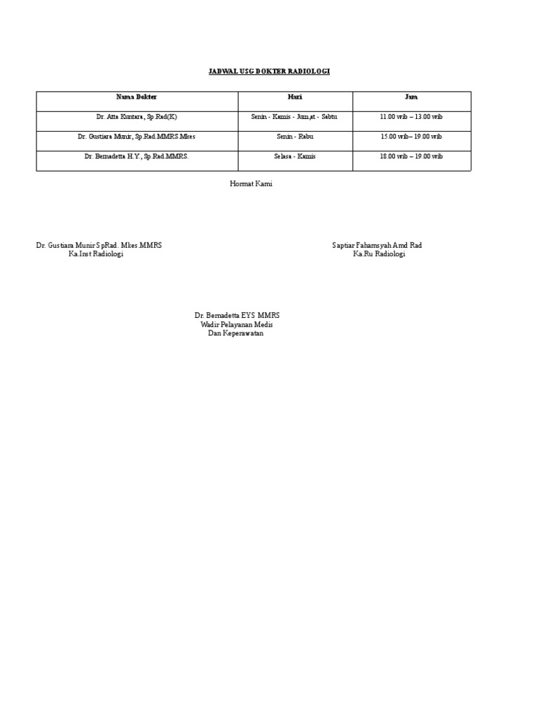 Jadwal Usg Dokter Radiologi | PDF