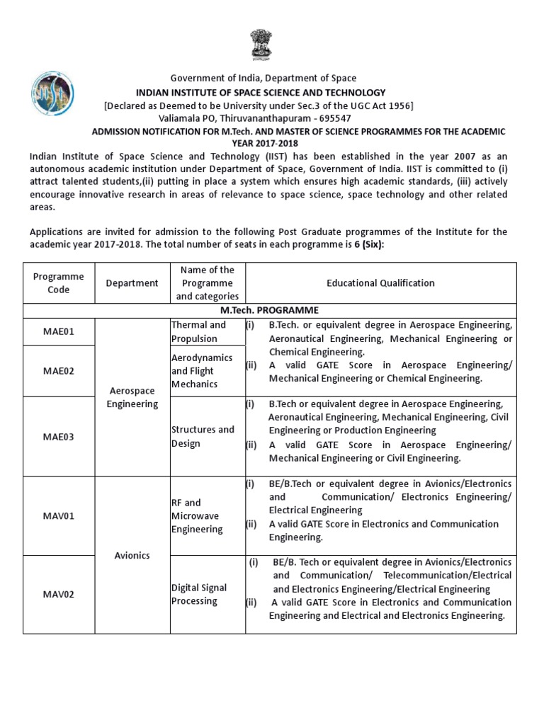 IIST M.tech Eligibility 2018 | PDF | Electronic Engineering | Engineering