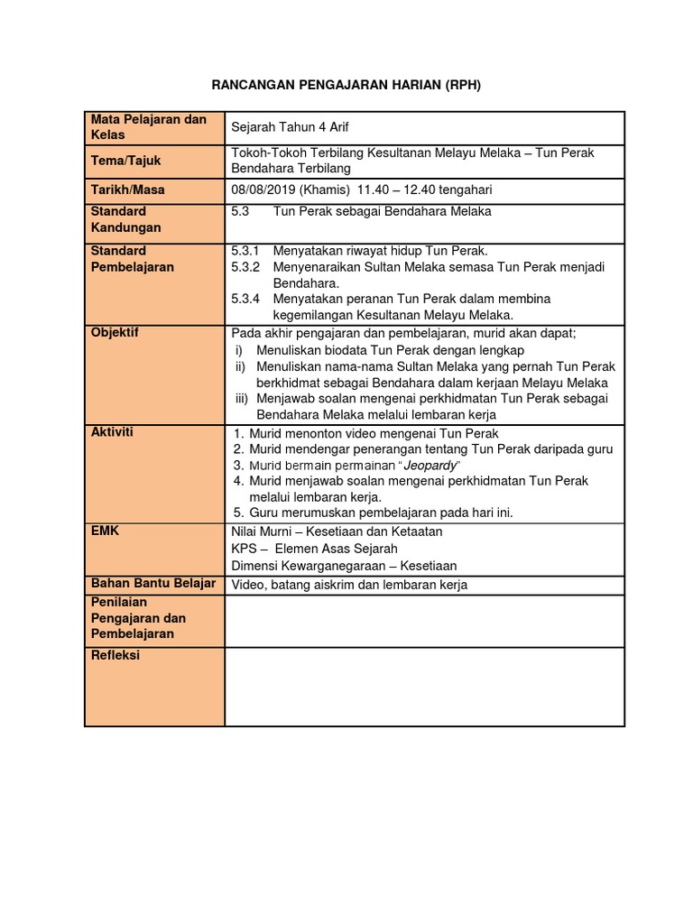 RPH Sejarah Tahun 4 | PDF