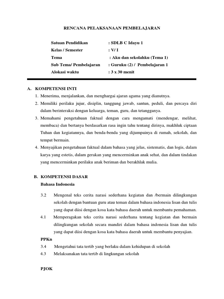RPP Tunagrahita Kelas 5 Tema 1 Sub Tema 2 | PDF