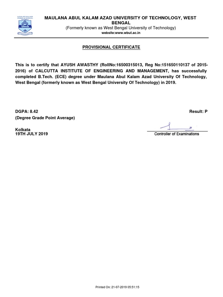 B.Tech Provisional Certificate - Ayush Awasthy | PDF