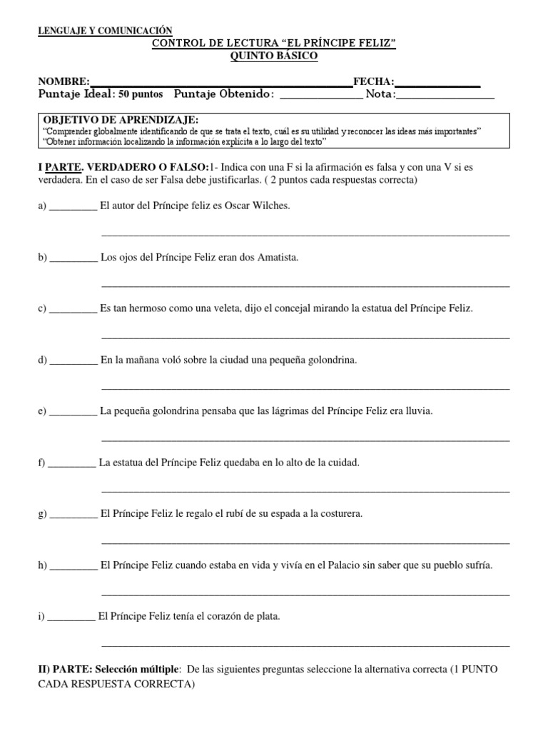 Comprensión de "El Príncipe Feliz | PDF