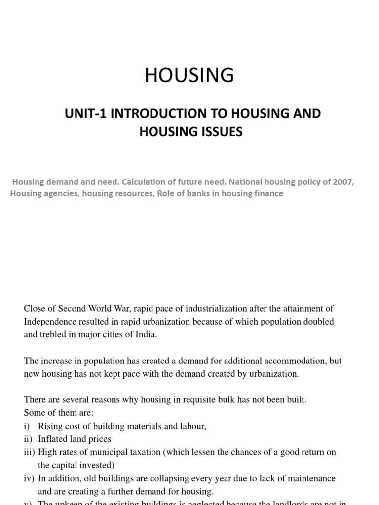Housing: Unit-1 Introduction To Housing and Housing Issues | PDF ...