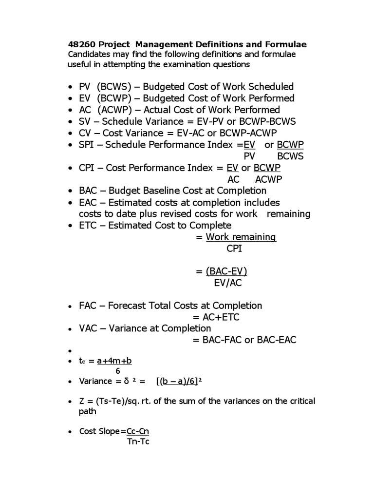 Project Management Definitions and Formulae | PDF