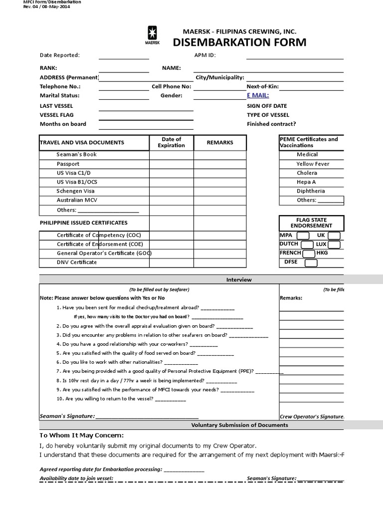 Disembarkation Form: Maersk - Filipinas Crewing, Inc | PDF | Government ...