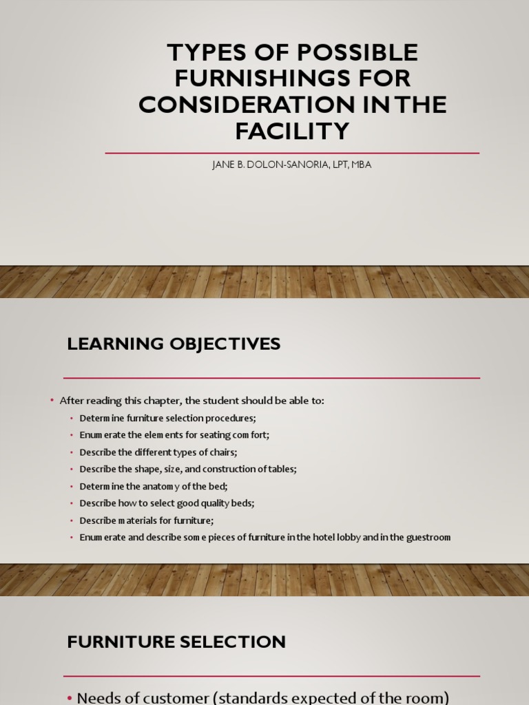Types of Possible Furnishings | PDF | Chair | Bed