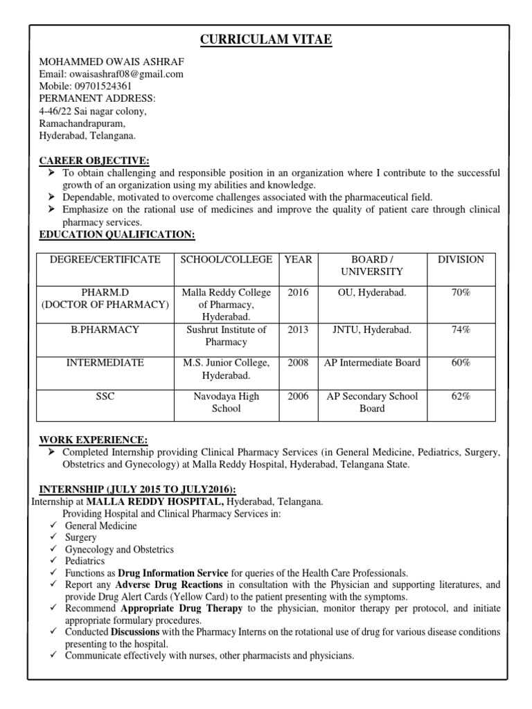 Owais CV | PDF | Pharmacy | Medical Prescription