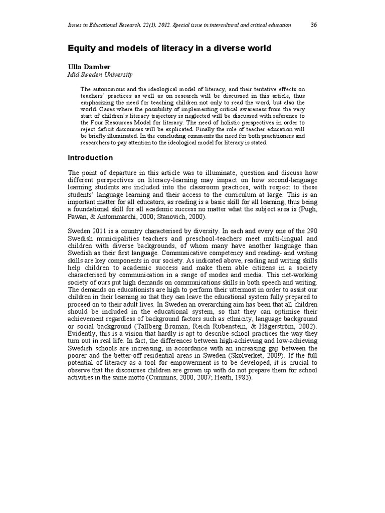 Equity and Models of Literacy in a Diverse World: An Analysis of the ...