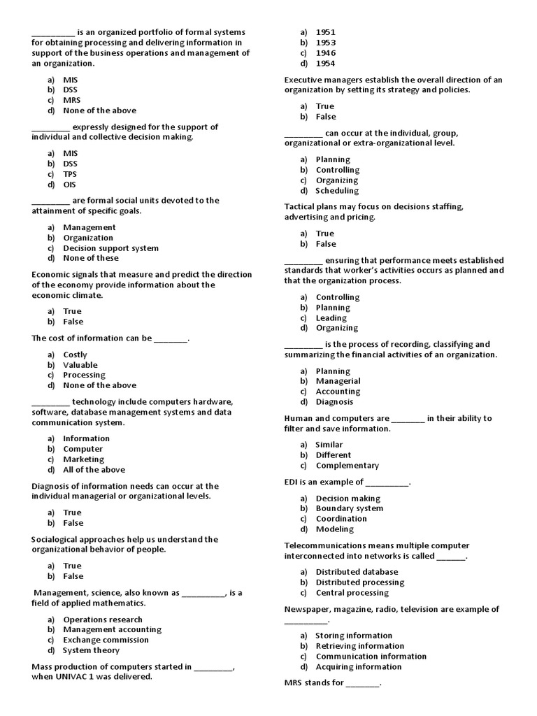 MIS MCQ | PDF | Decision Support System | Business Process