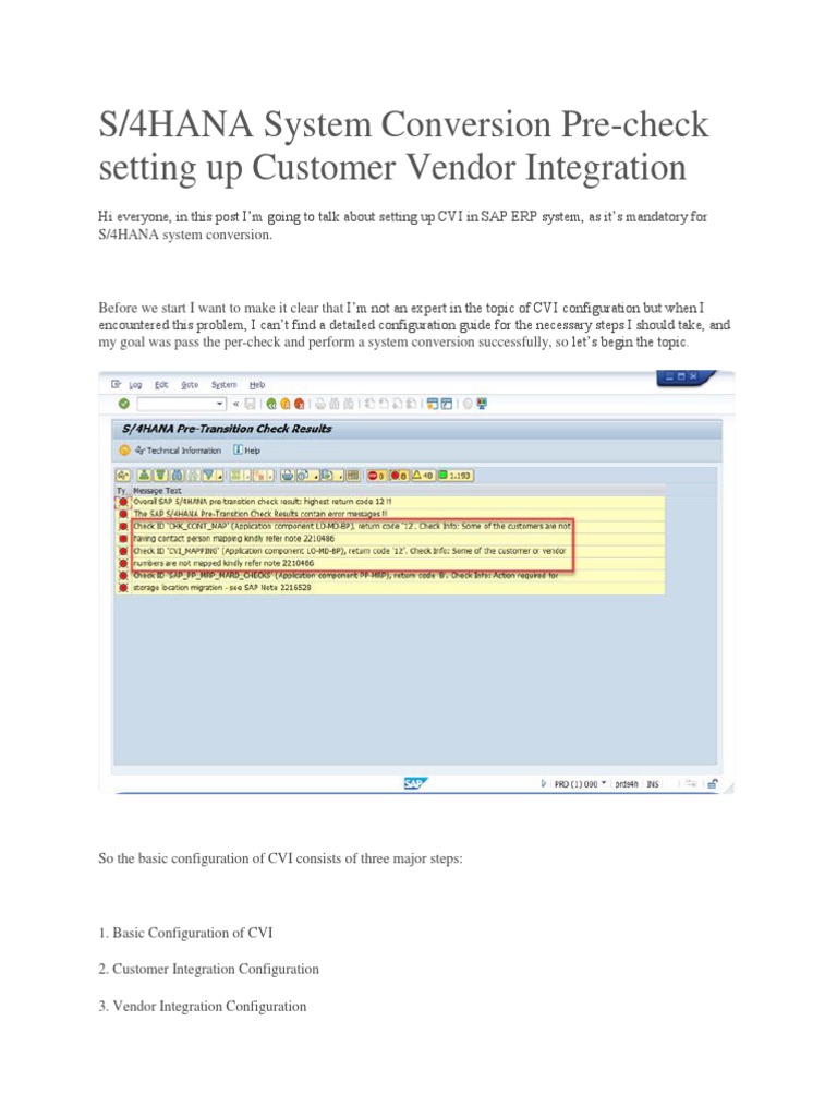 S4HANA System Conversion Pre-Check Setting Up Customer Vendor ...