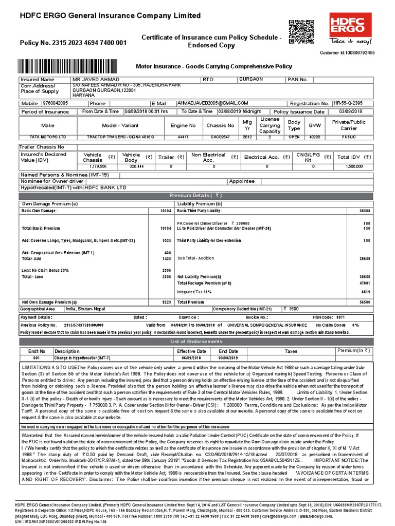HDFC ERGO Motor Insurance Certificate for Goods Carrying Vehicle | PDF ...