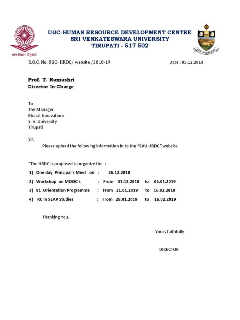 Ugc-Human Resource Development Centre Sri Venkateswara University ...