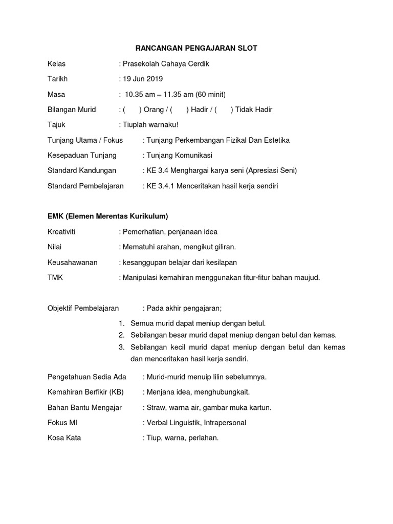 Rancangan Pengajaran Slot | PDF
