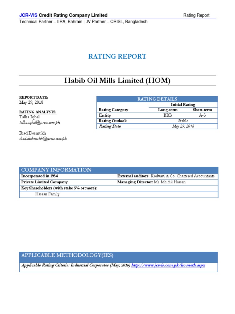 Habib Oil Mills Limited (HOM) : Rating Report | PDF | Taxes | Debt