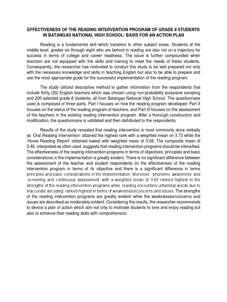 Reading Intervention Effectiveness in Batangas | PDF | Reading ...