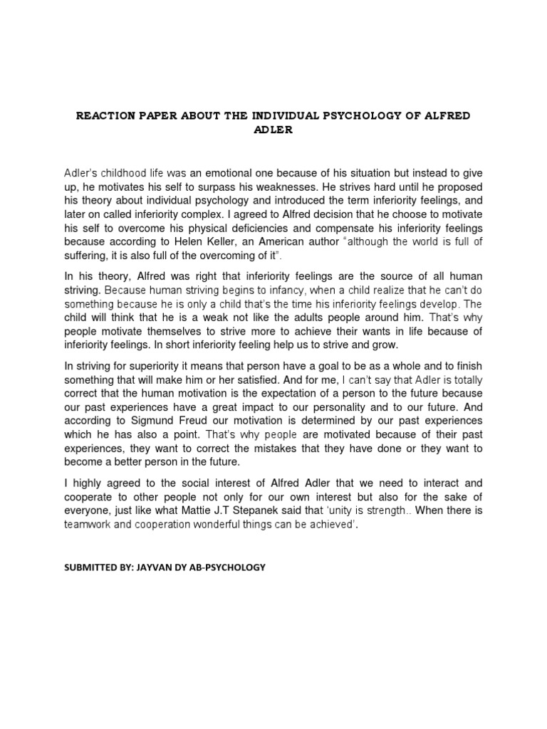 Reaction Paper About The Individual Psychology of Alfred Adler | PDF