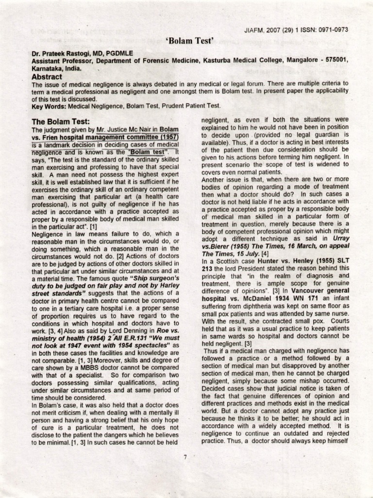 An Analysis of the Bolam Test and its Applicability in Determining ...