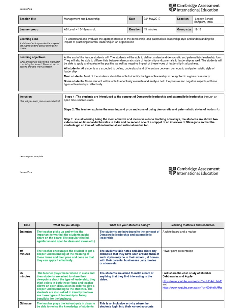 Lesson Plan On Leadership Styles | PDF | Lesson Plan | Leadership