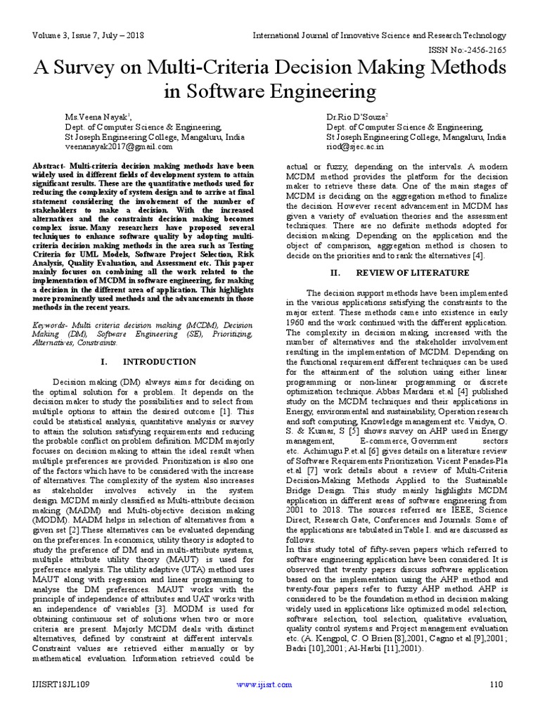 A Survey On Multi Criteria Decision Making Methods In Software Engineering Download Free Pdf