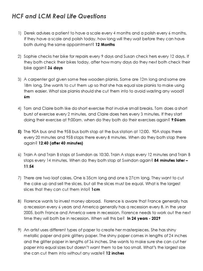 HCF LCM Questions Real Life ANSWERS Nature Business