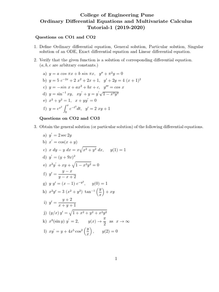 College of Engineering Pune Ordinary Differential Equations and ...