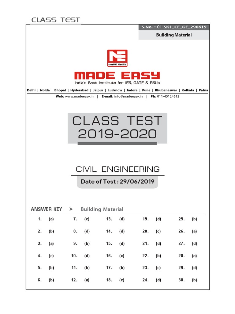 Class Test 2019-2020: Civil Engineering | PDF | Mortar (Masonry) | Concrete